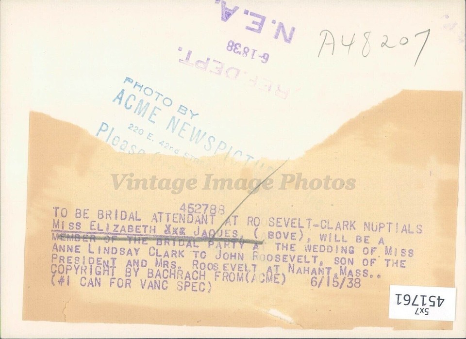 1938 Photo Miss Elizabeth Jaques Bridal Attendant Roosevelt Clark | eBay