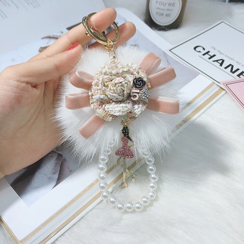 Trendy Fox Fur Ball Keychain With Pearl Chain Stylish Floral Design ...