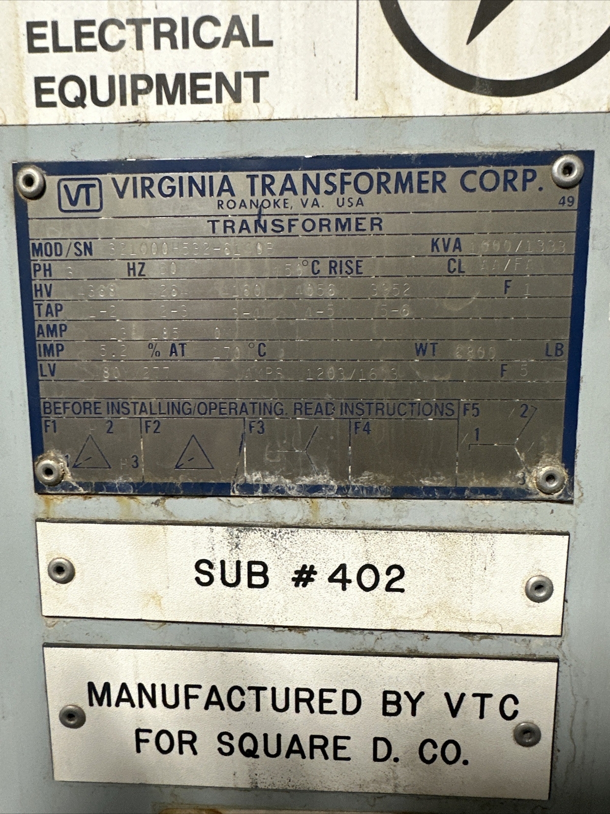 Virgina Transformer Company 4160 480/277 1000 KVA Dry Type Transformer ...