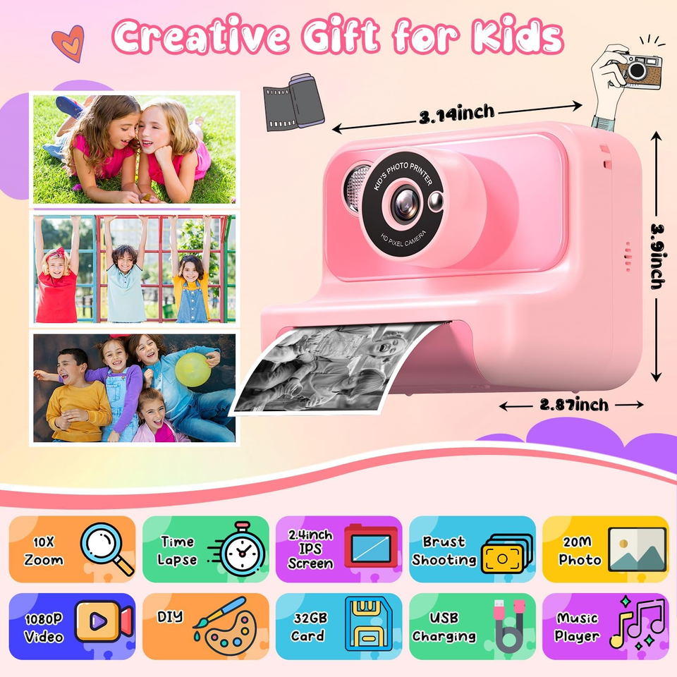 Kids Camera Instant Print, Kids Camera 1080P HD Video Digital Camera ...