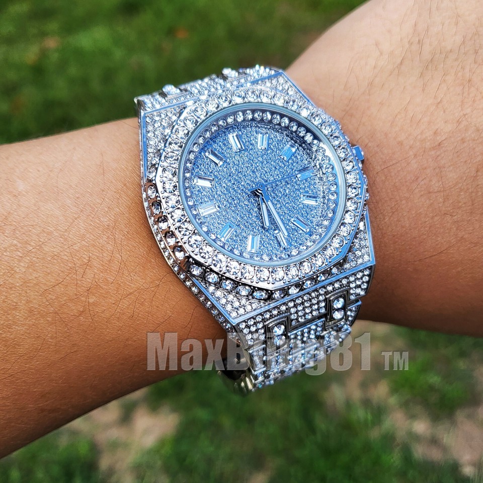 Men Silver Plated Stainless Steel Luxury Simulated Diamond Full Iced ...