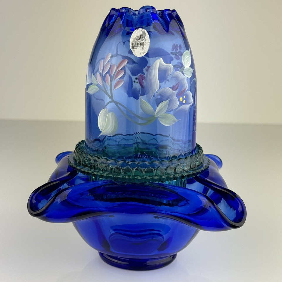 Fenton cobalt blue and green 3 Piece fairy lamp hand painted George W ...
