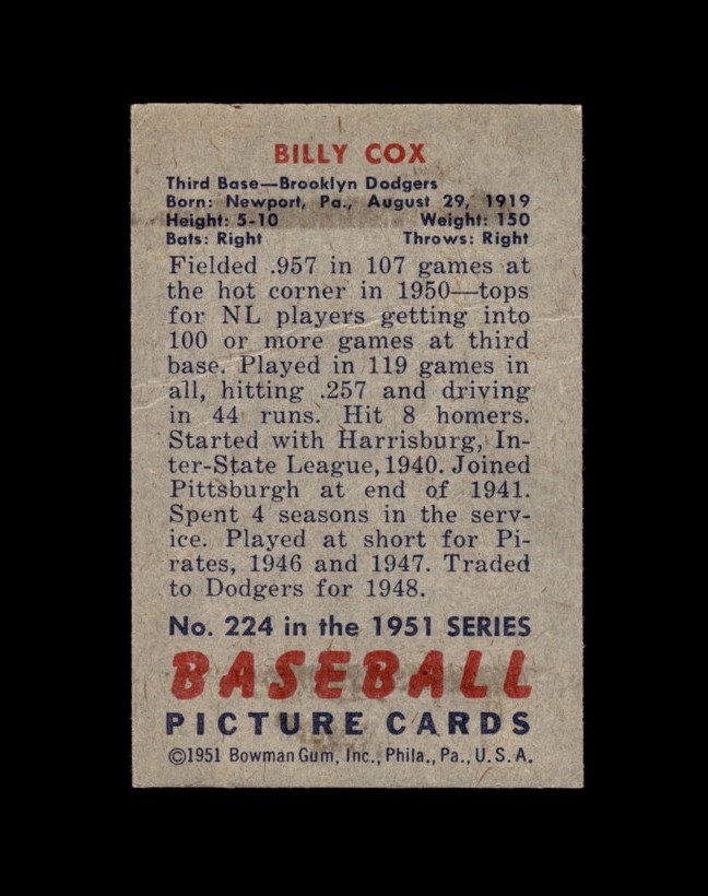 1951 Bowman Set-Break #224 Billy Cox EX-EXMINT *GMCARDS* | eBay