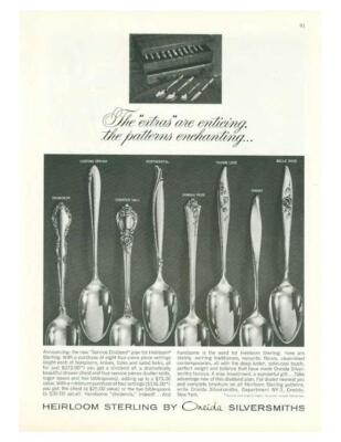 1964 Oneida Silversmiths Heirloom Sterling PRINT AD 8 Patterns Vivant ...