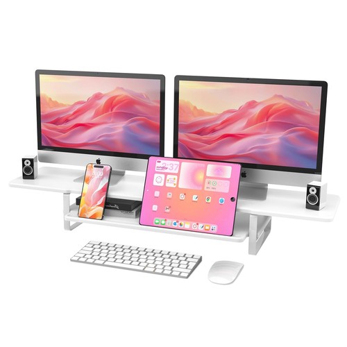 Dual Monitor Stand, 2 Tier Wood Monitor Riser with Pad, Phone Holder ...