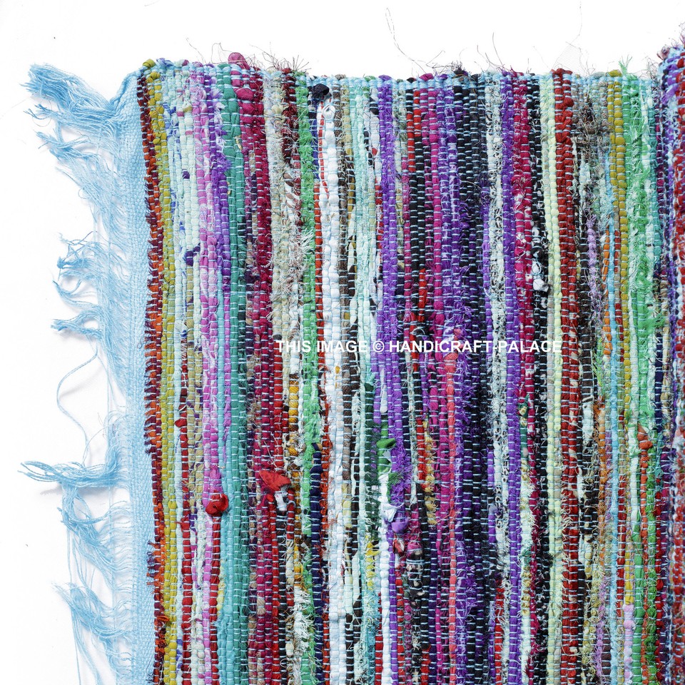 Hand Made Bohemian Cotton Chindi Area Rug in Turquoise, Blue,Multi ...