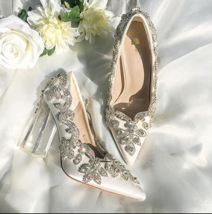 Womens Silk Satin Pointy Toe Diamante Crystal Block Heel Pump Wedding ...