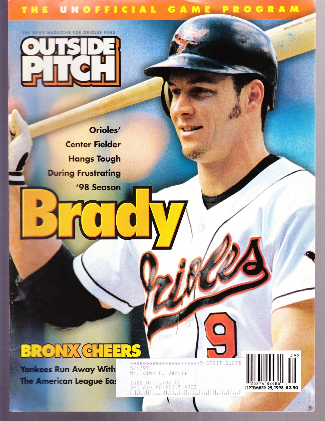 OUTSIDE PITCH ORIOLES MAGAZINE PROGRAM SEPTEMBER 25 1998 BRADY ANDERSON ...