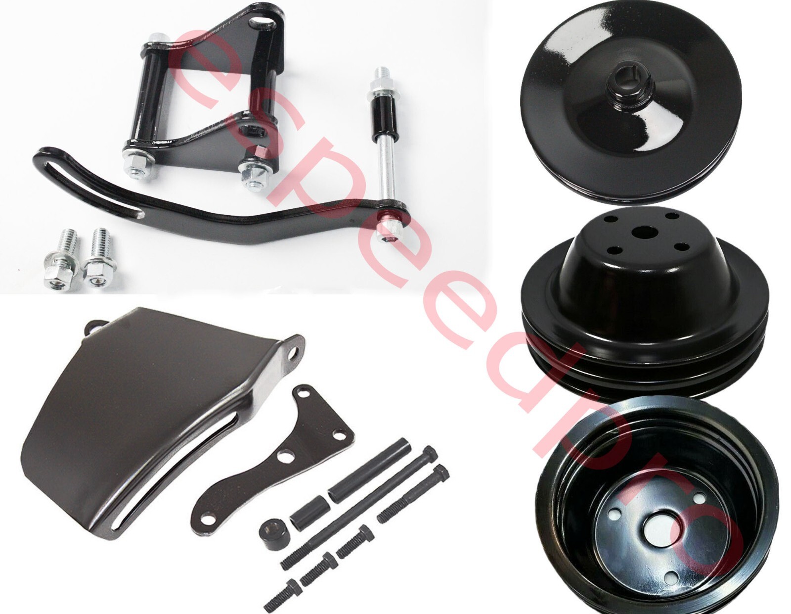 BLACK SB Chevy SBC Complete LWP Steel Power Steering Long Water Pump ...