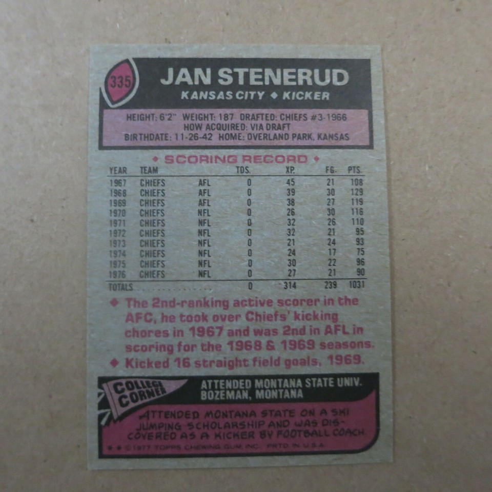 Jan Stenerud 1977 Topps #335 Kansas City Chiefs NMMT HOF Packers ...