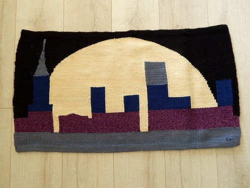 ORIGINAL DESIGN HAND WOVEN WOOL TAPESTRY TITLE SKYLINE BY NIGHT 33 5/8 ...