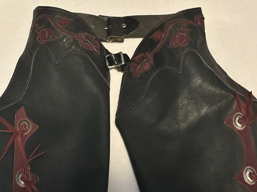 Vintage Gypsy Black Leather Biker Moto Chaps Womens Fringe Rose Concho ...