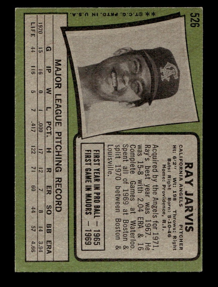 1971 Topps #526 Ray Jarvis Angels VG-EX+ *e5 | eBay