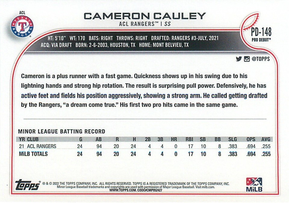 Cameron Cauley 2022 Topps Pro Debut MiLB Baseball Rookie Card#PD-148 ...