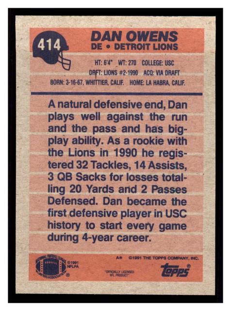 1991 Topps - #414 Dan Owens (RC) for sale online | eBay