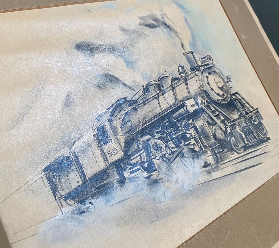E. Hoyt Signed Pencil Ink Drawing Steam Engine Locomotive Railroad ...