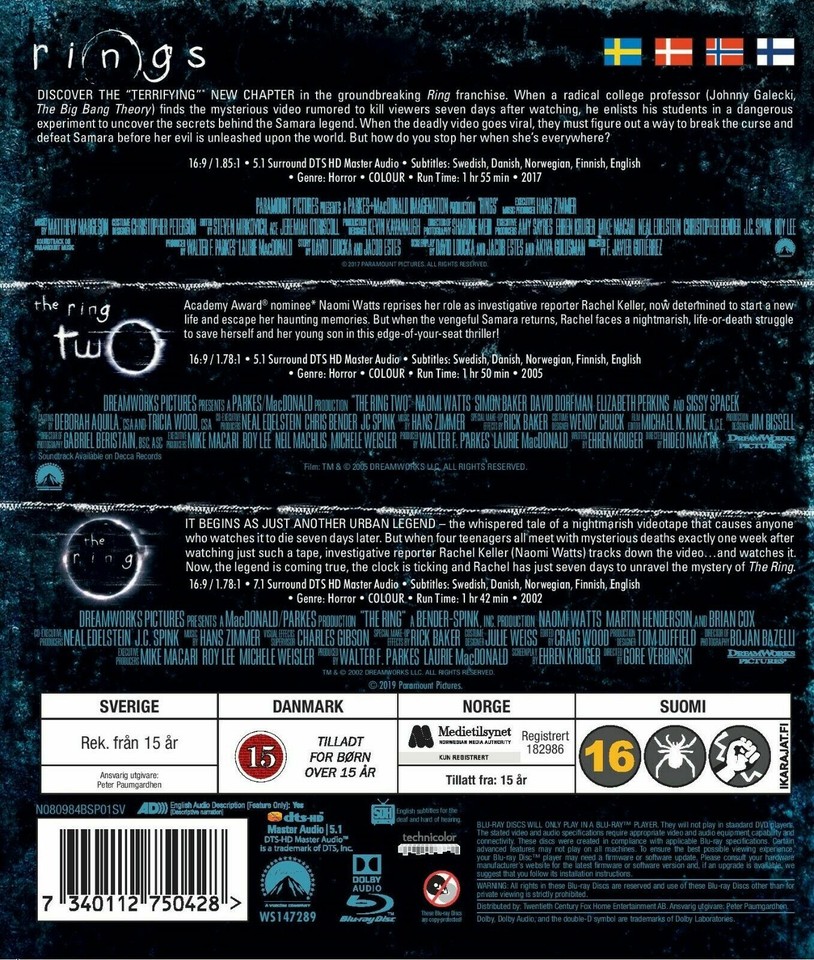 Ring Trilogy (The Ring, The Ring Two, Rings) 3 Movie Collection Blu-Ray ...
