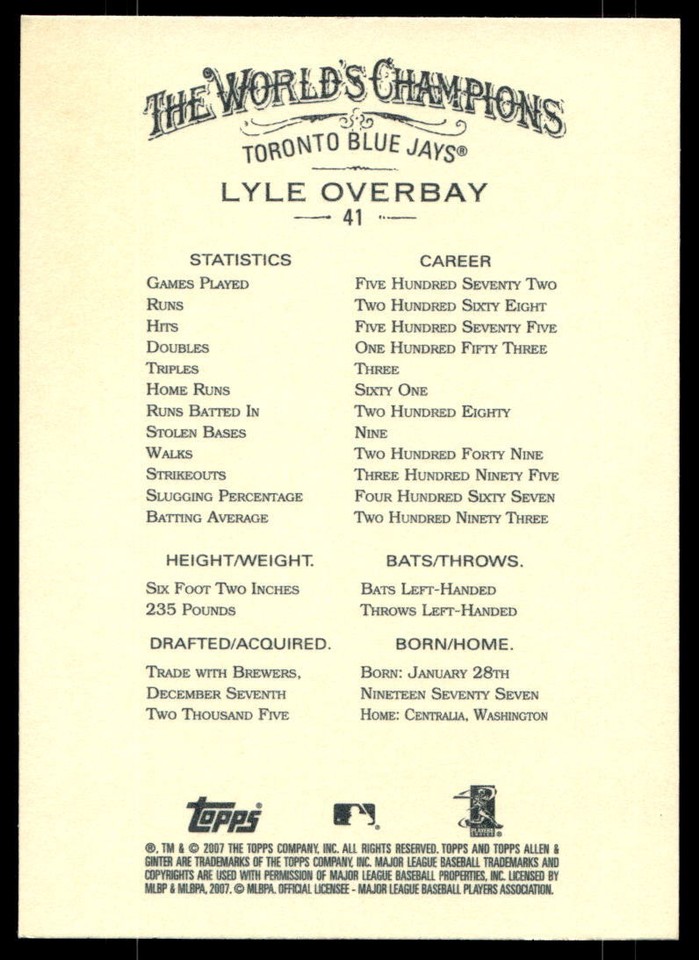 Lyle Overbay 2007 Topps Allen & Ginter 41 Toronto Blue Jays Baseball ...