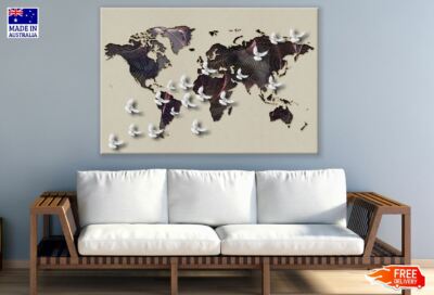 Pigeons on Worlds Map 3D Digital Wall Canvas Home Decor Australian Made ...