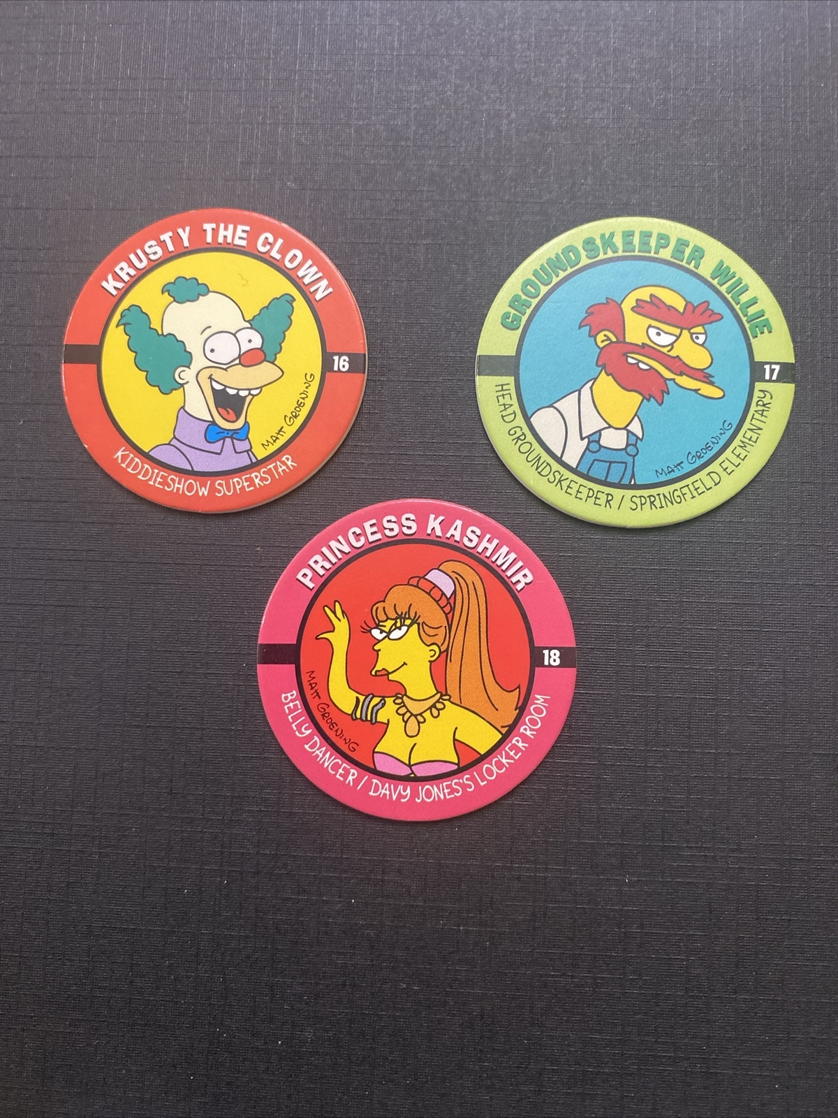 Set of 3 The Simpsons pogs/milk caps - Krusty, Willie ,princess Kashmir ...