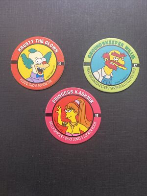 Set of 3 The Simpsons pogs/milk caps - Krusty, Willie ,princess Kashmir ...
