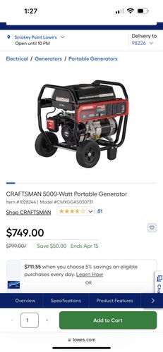 Craftsman 5000 Watt Generator w/ CO Detection Model CMXGGAS030731 - NEW ...