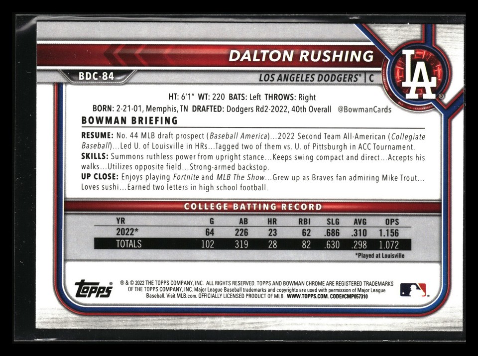 Dalton Rushing 2022 Bowman Draft Chrome #BDC-84 Los Angeles Dodgers ...