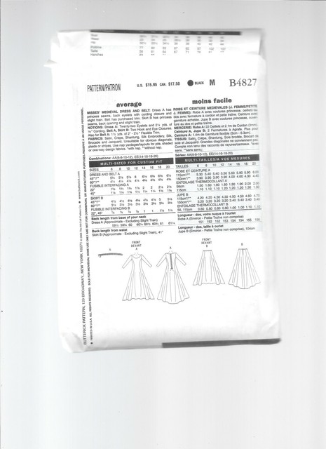 Butterick Medieval History Costume Pattern Dress Skirt Belt B 4827 Miss ...