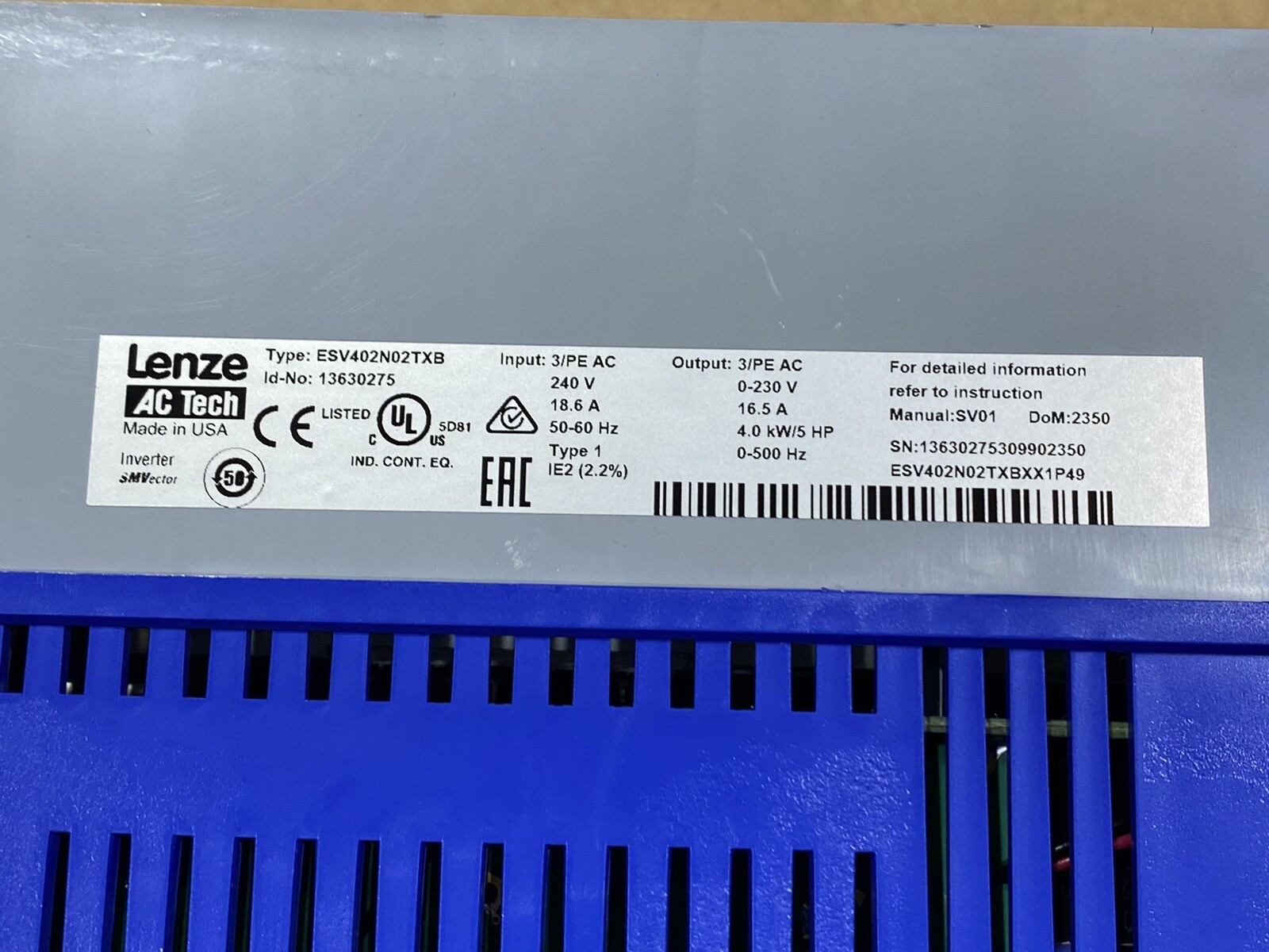 Lenze AC Tech ESV402N02TXB SMVector VFD Drive Inverter for sale online ...