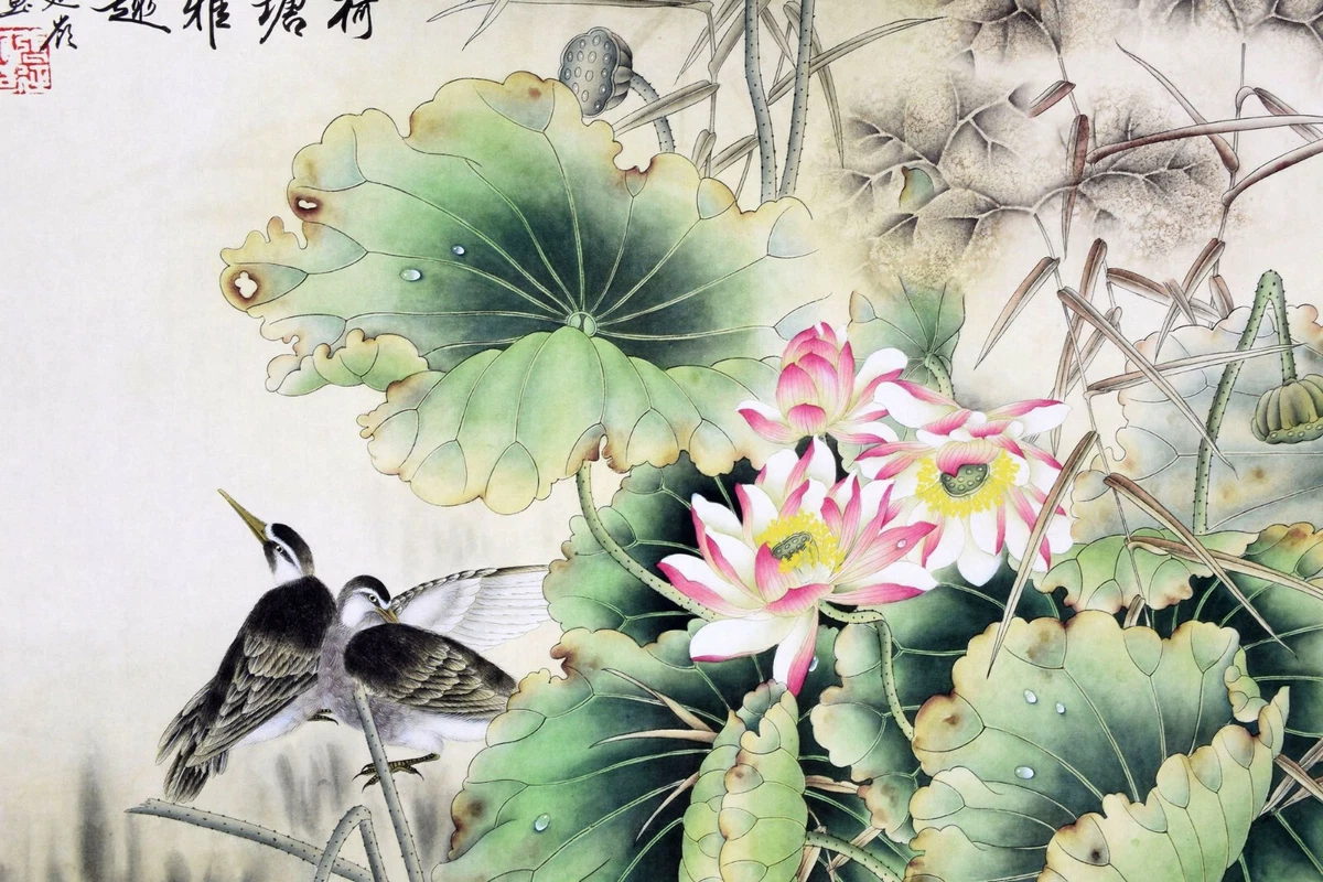 Lotus And Birds Chinese Flower Painting