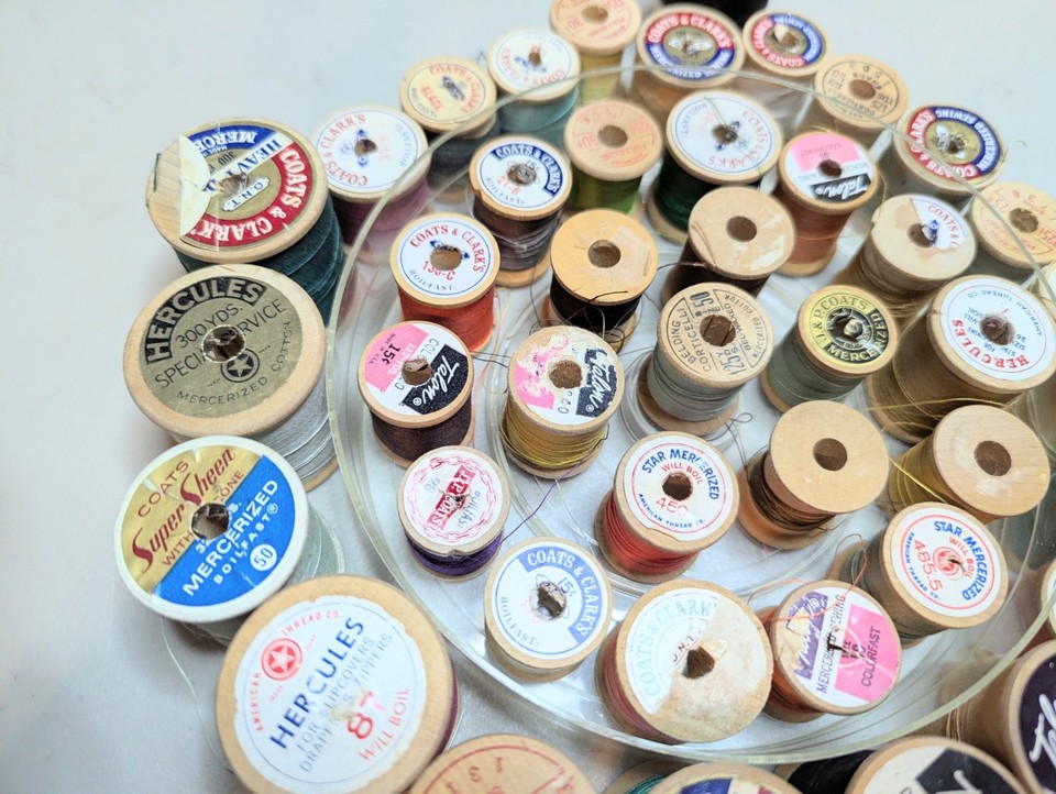 Wooden Spools with Thread (43) & Vintage Round Plastic Thread Container ...
