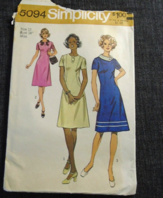 1970s Simplicity 5726 Misses Dress w/collar options; 14, Bust 34 ...