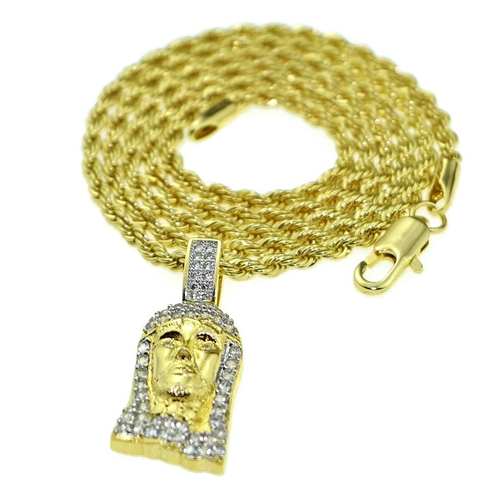 Jesus Head Chain Iced Simulated CZ Gold Plated 24" Rope Necklace w/1 ...
