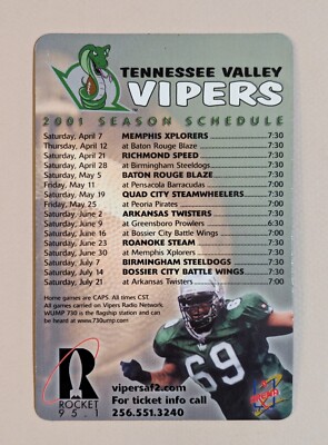 2001 Tennessee Valley Vipers Arena Football Magnet Schedule af2 🏈🏈 | eBay