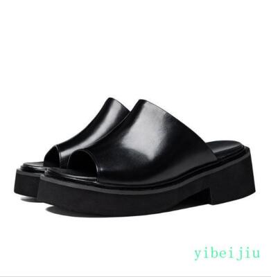 100% Real Leather Platform Slippers Men's Open Toe Casual Slip On Shoes ...