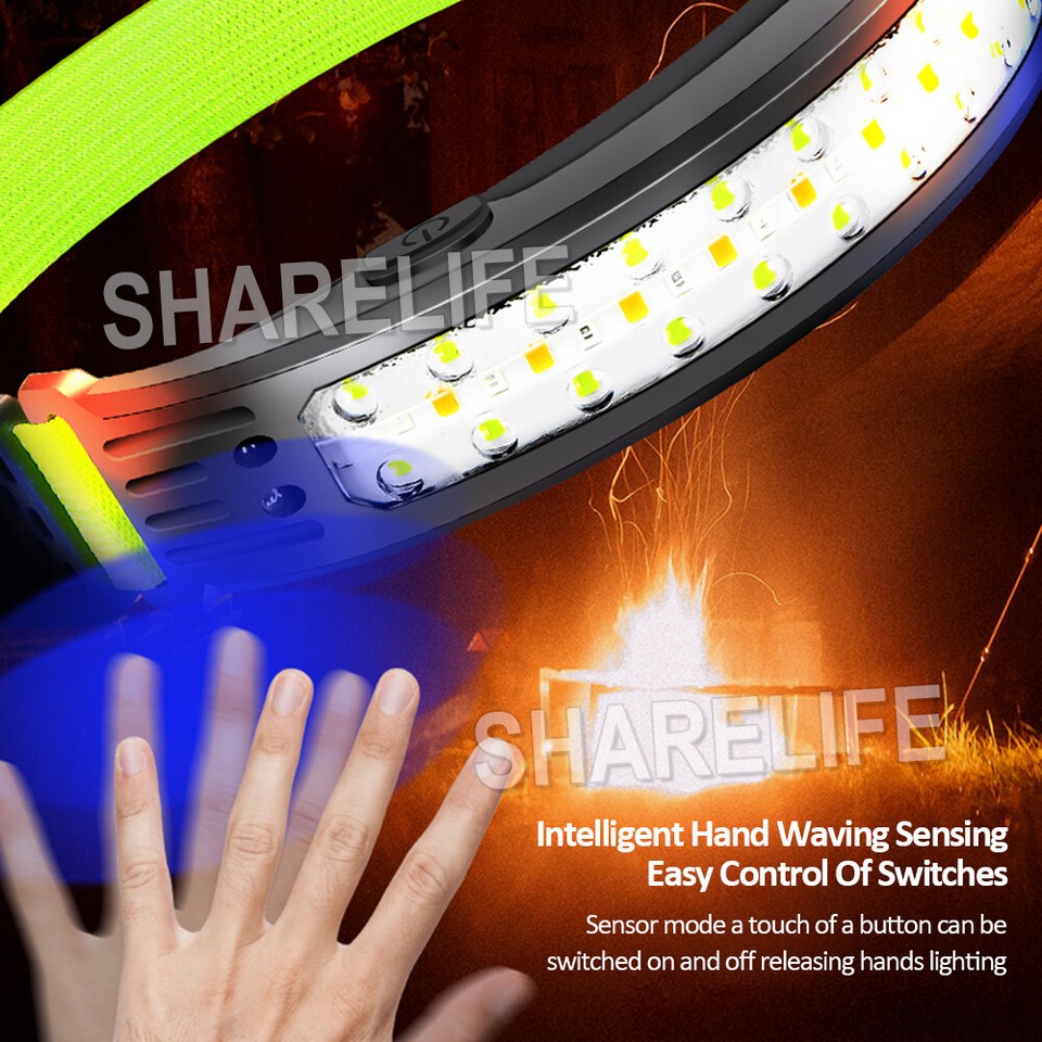 Waterproof COB LED Motion Sensor Head Torch USB Rechargeable Headlamp ...