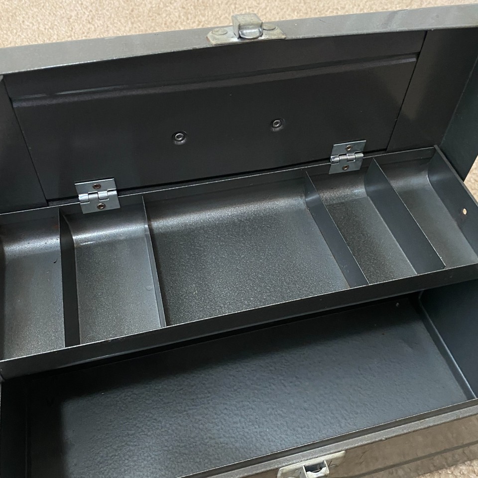 Vintage DUNLAP Metal Tool Box / Tackle Box With Hinged Tray Storage 14 ...