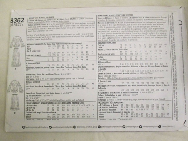 Simplicity Sewing Pattern 8362 Sz 6-14 H5 Costume Lace Tops Skirts Boho ...