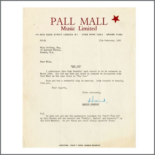 Jimi Hendrix Mike Jeffrey Pall Mall Music Ltd Early 67 Hey Joe Typed ...