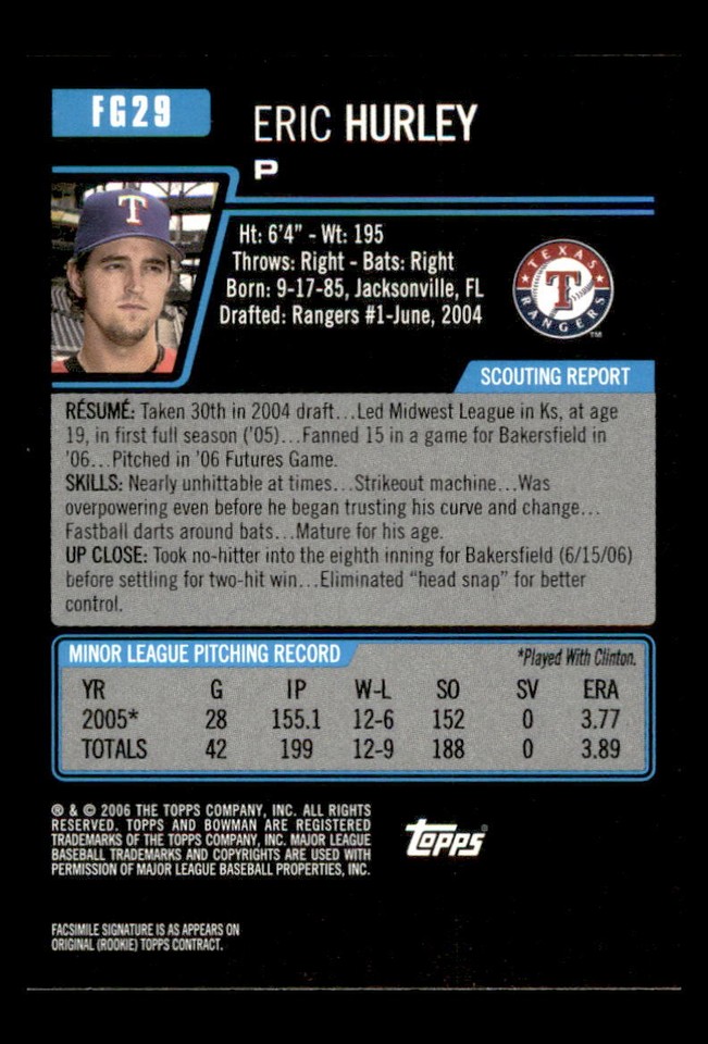 2006 Baseball Bowman Eric Hurley Texas Rangers #FG29 FG | eBay