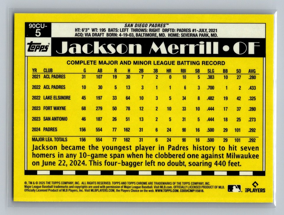 2025 Topps Chrome Update 1990 35th Anniversary JACKSON MERRILL #90CU-5 ...