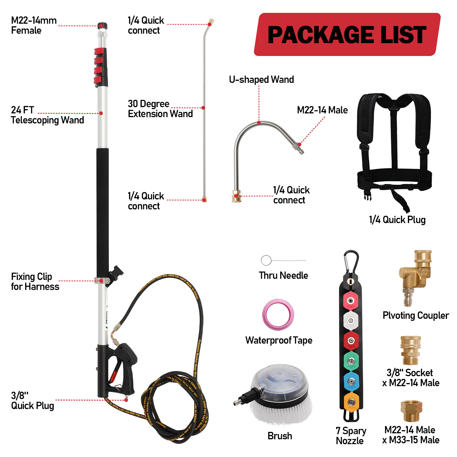 24 Ft Telescopic Pressure Washer Lance 4000 Psi Roof Gutter Cleaning ...