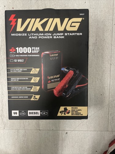 Viking 12v Lithium-ion jump starter 1000 peak Amps flashlight POWER ...