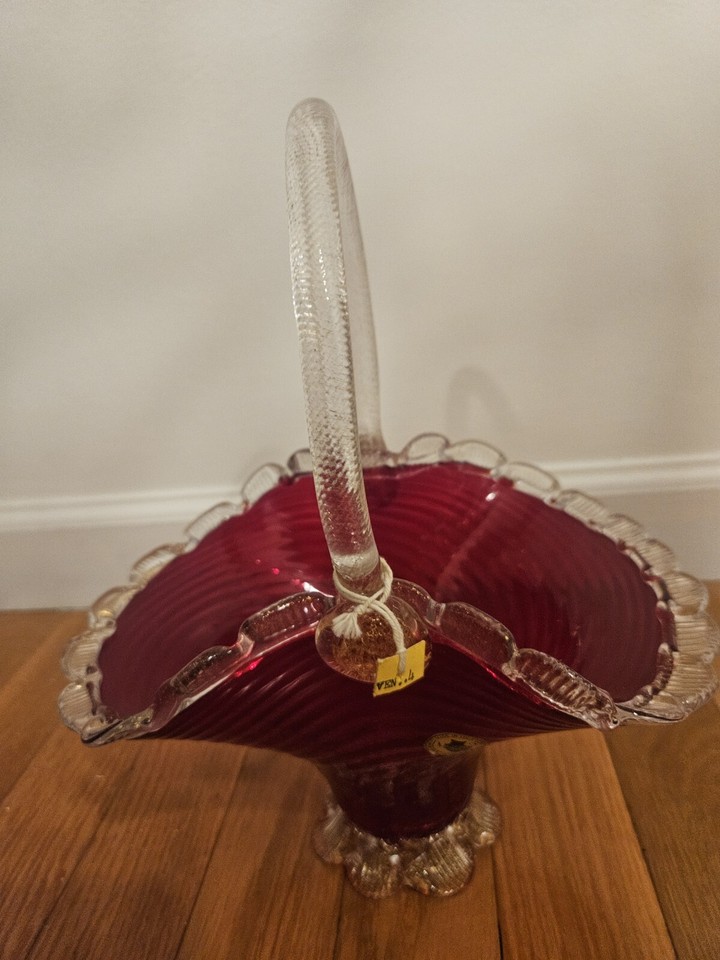 Murano alfredo Barbini art glass red swirl rigare gold adventure basket ...