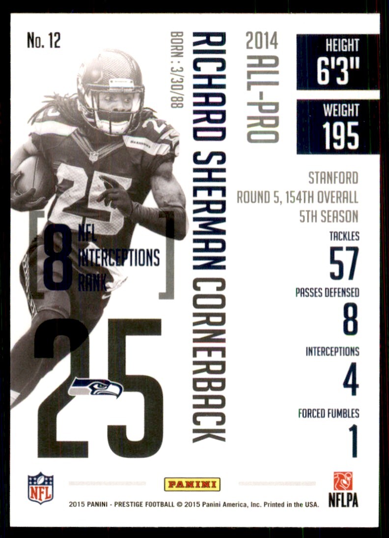 2015 Panini Prestige Richard Sherman Seattle Seahawks #12 NFL Football ...