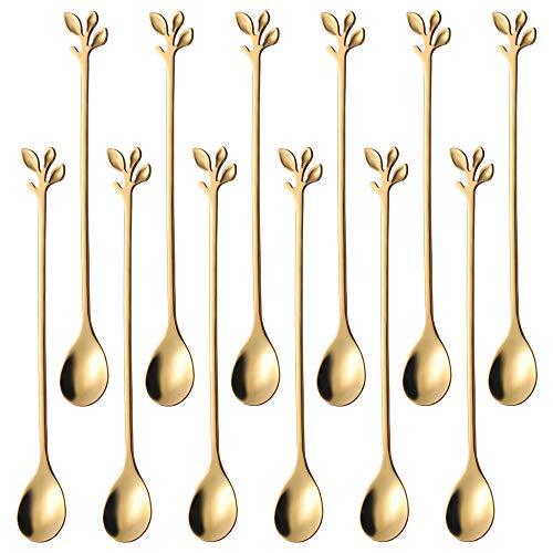 Long Handle 7.4inch Leaf Teaspoons Set 12 Pcs Gold Stainless Steel ...