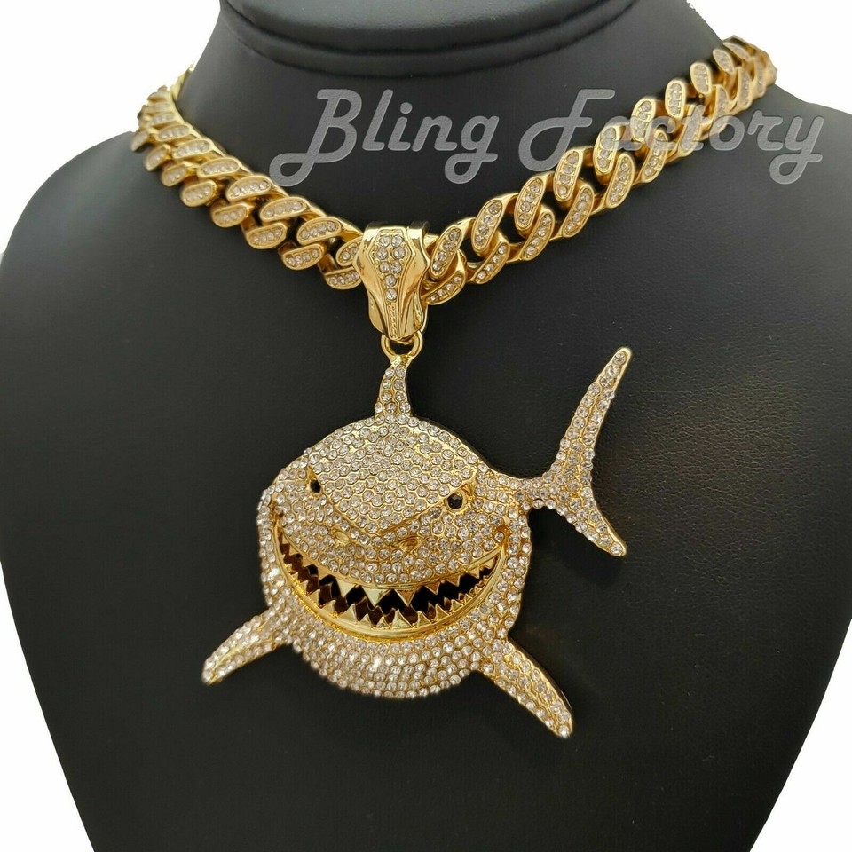 6ix9ine Iced Shark Pendant & 18" Iced Cuban & 1 Row Chain Bling ...