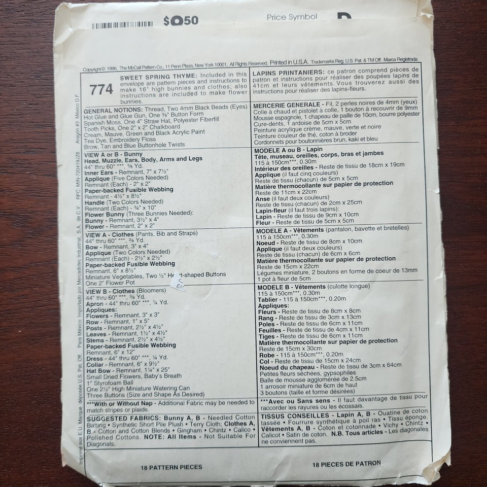 McCalls Crafts Pattern 8087 Spring Thyme Mom Pop Bunnies & Clothes ...