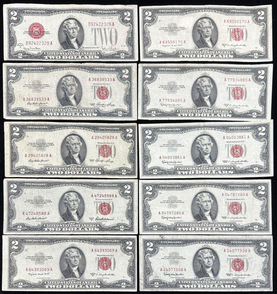 U.S. 1928, 1953, 1963 $2 Red Seal Notes - Group of 10 w/ Large 1928G ...