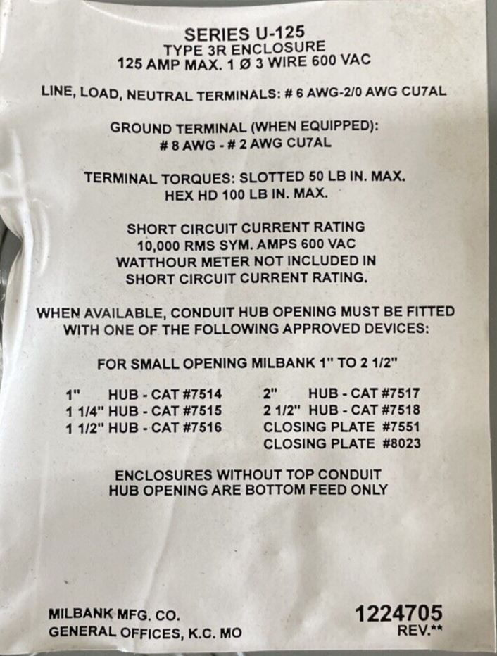 MILBANK Series U-125 METER BASE INTERIOR 125A | eBay